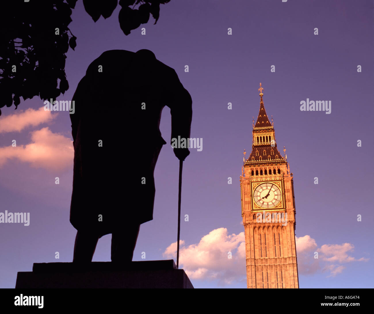 Statue of Winston Churchill on Parliament Square, with Big Ben clock ...