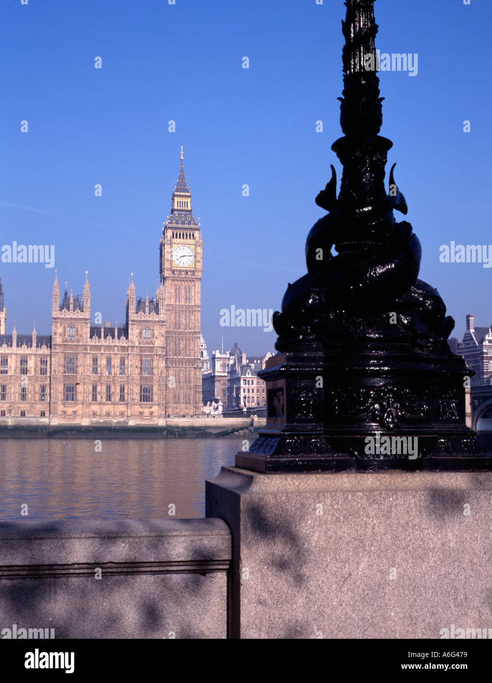 Big Ben clock tower seen over River Thames from the Albert Embankment ...
