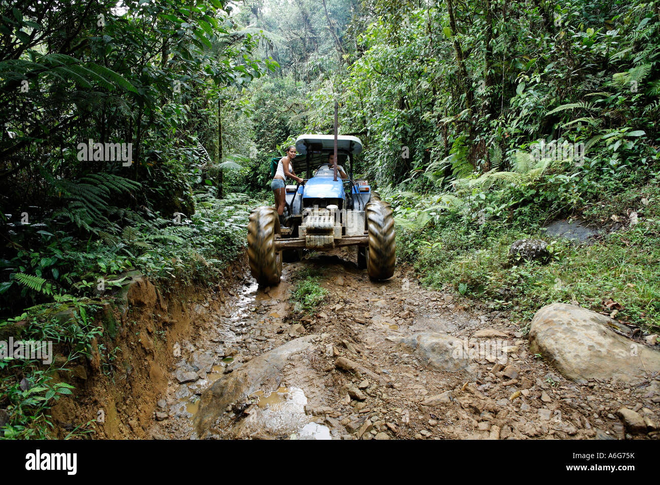 Tractor driving from Las Horquetas to Rara Avis in rainforest, Costa ...