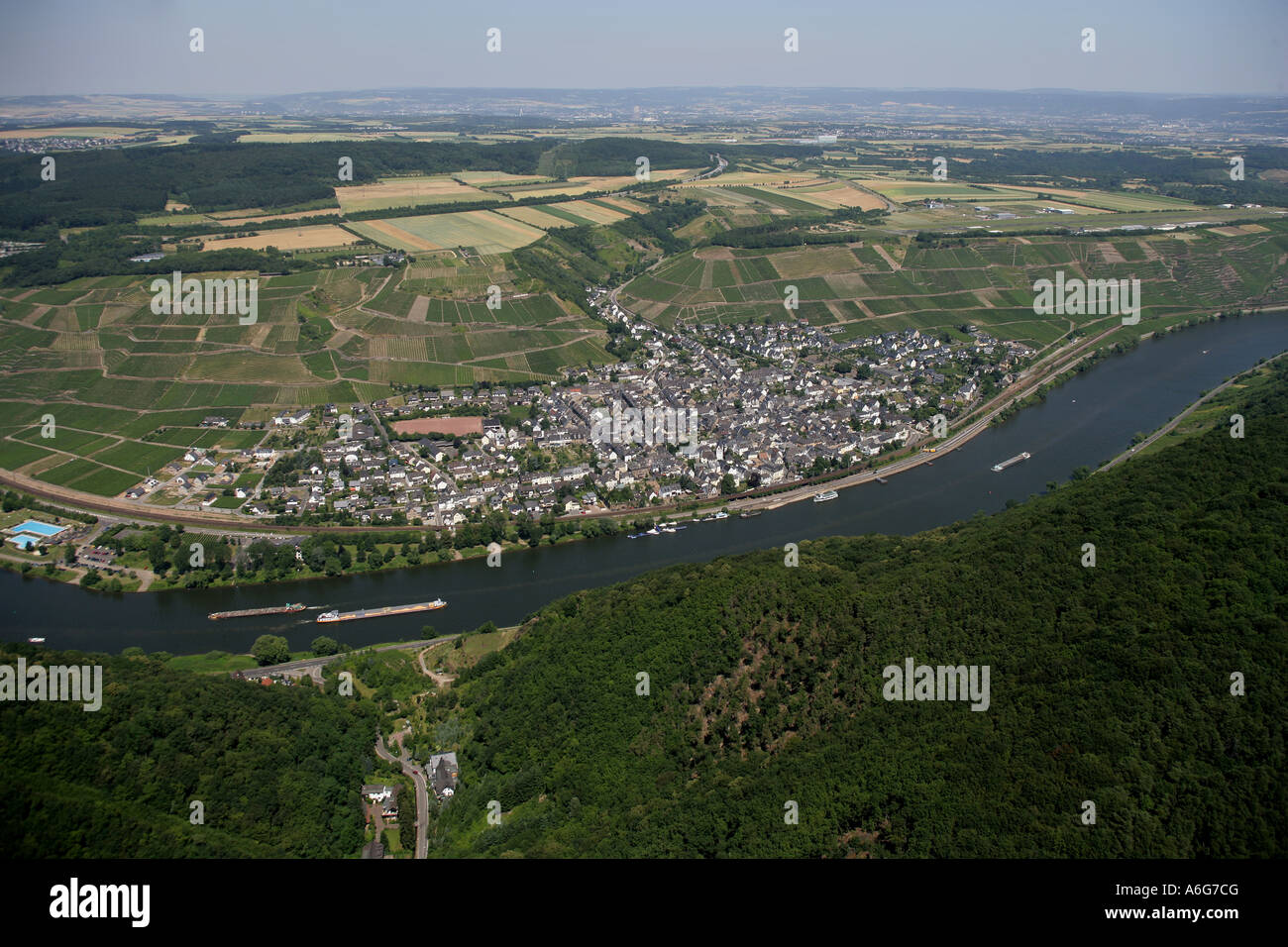 Aerial view of the small town Winningen at the river moselle. Winningen ...