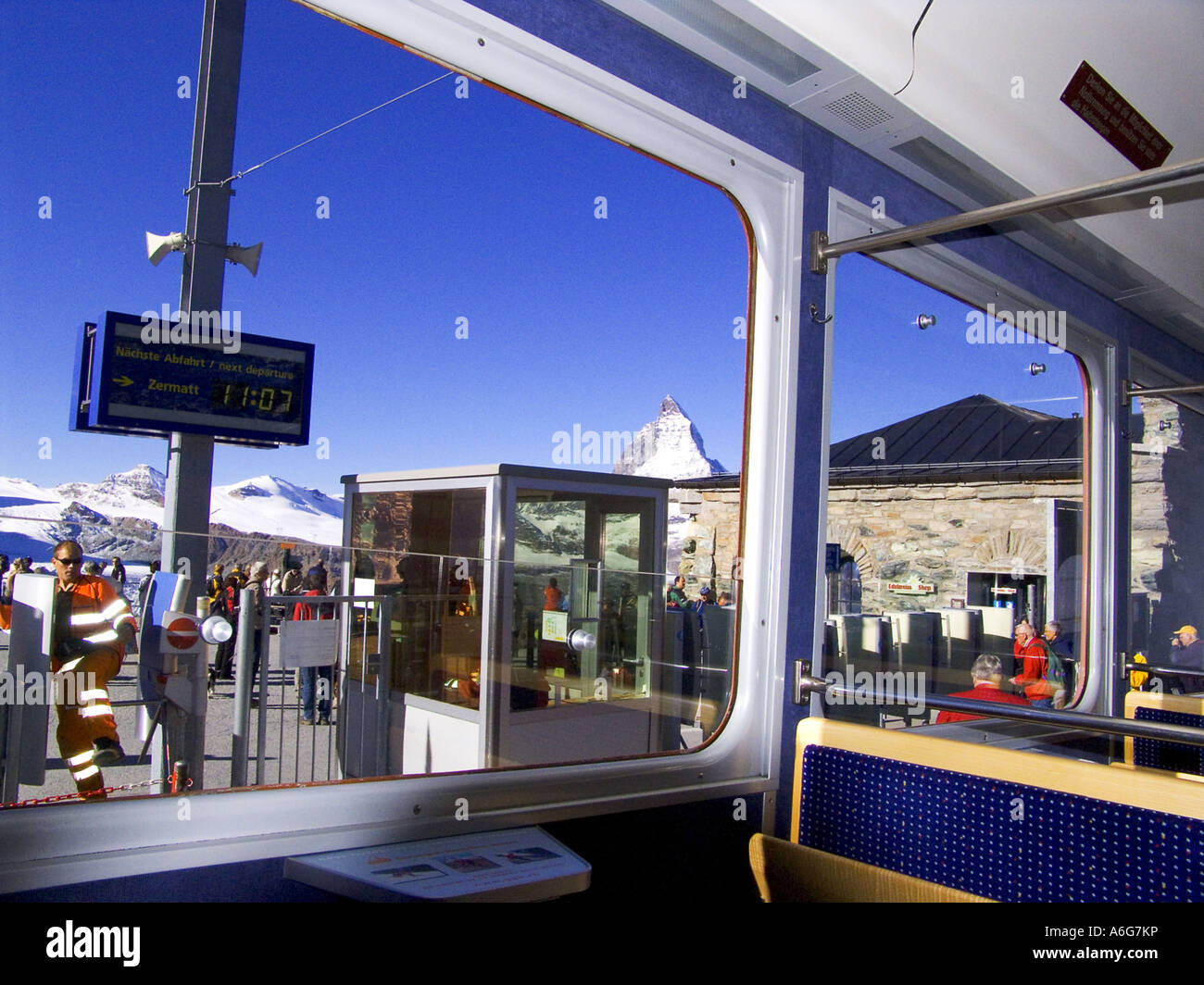 view from a train window of the Gornergrat railway with mount ...