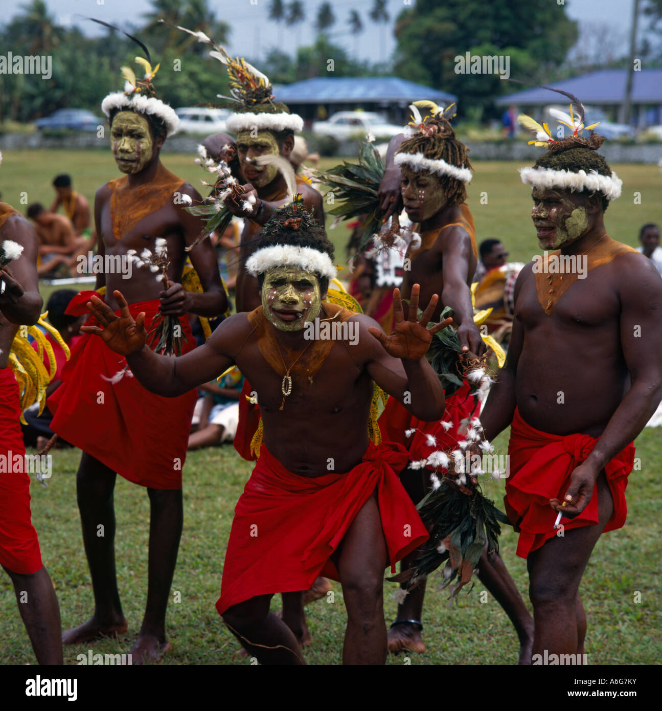 Group of male tribesmen with white feathered headdresses from Papua New ...
