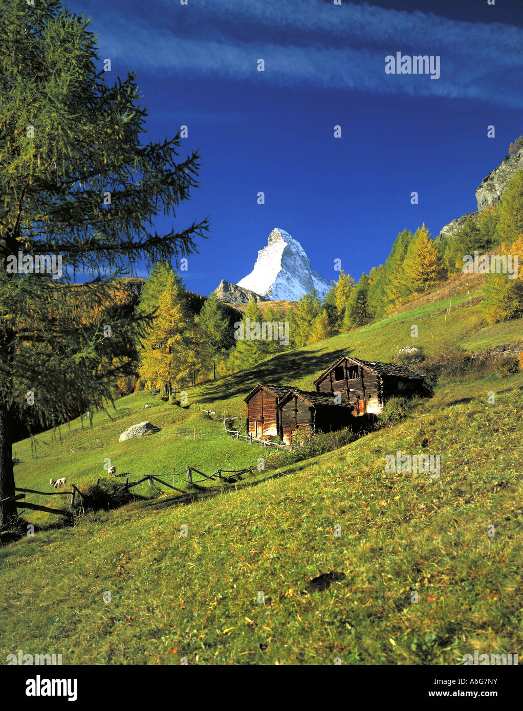 The Matterhorn in autumn, with old barns, Switzerland Stock Photo - Alamy