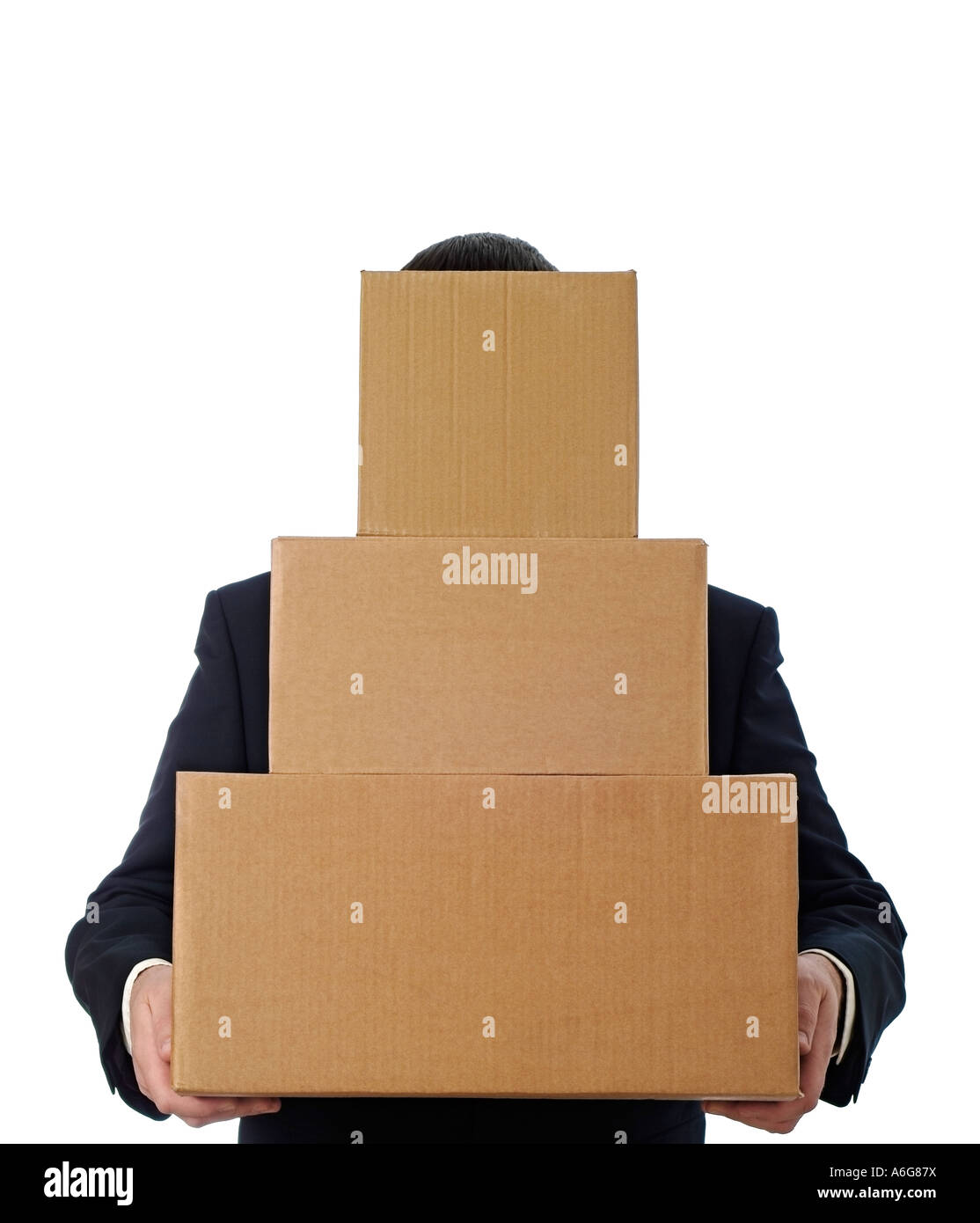 Businessman Carrying a Stack of Cardboard Boxes that Obscure His Face ...