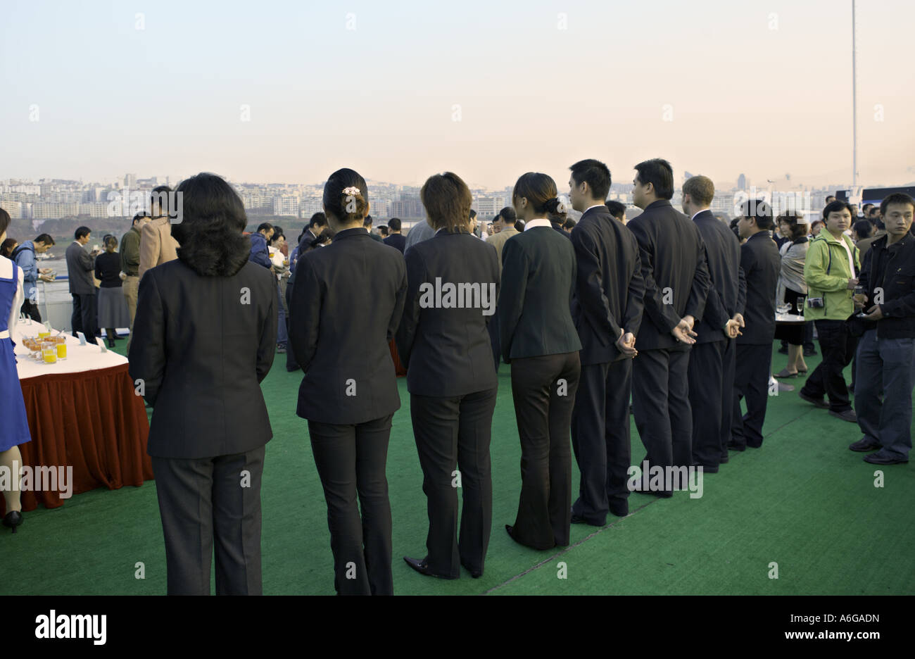 CHINA YANGTZE RIVER Crew of a Chinese Cruise ship as it travels up the ...