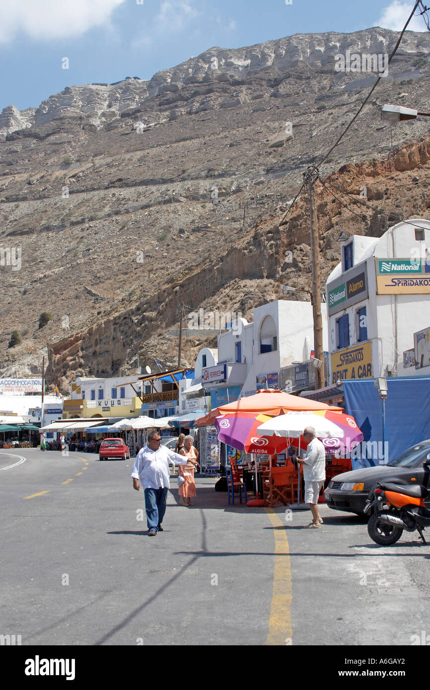 Shops and restaurants in Athinios Port Greek Island of Santorini or ...