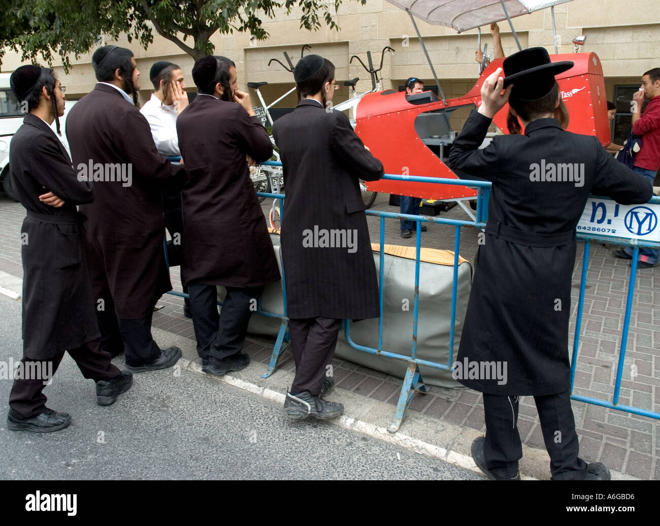 Israel Jerusalem city center group of orthodox jews from the back ...