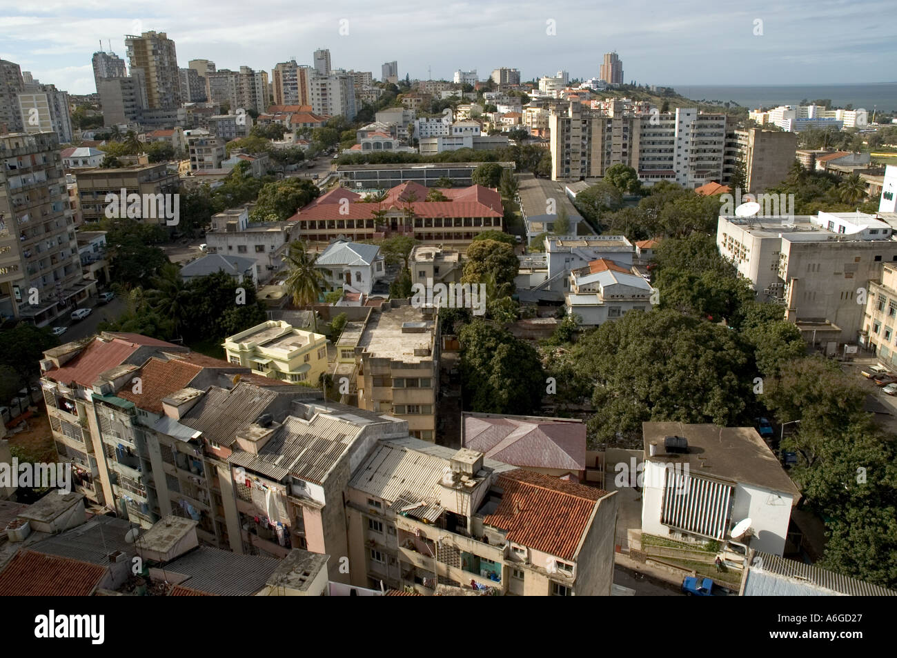 Mozambique Maputo downtown Baixa Skyline from above looking East with ...