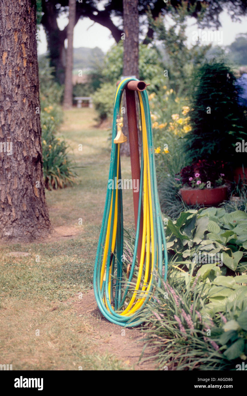 Hose hanging on tree in garden of Day-lily and Hosta grower in Stock ...