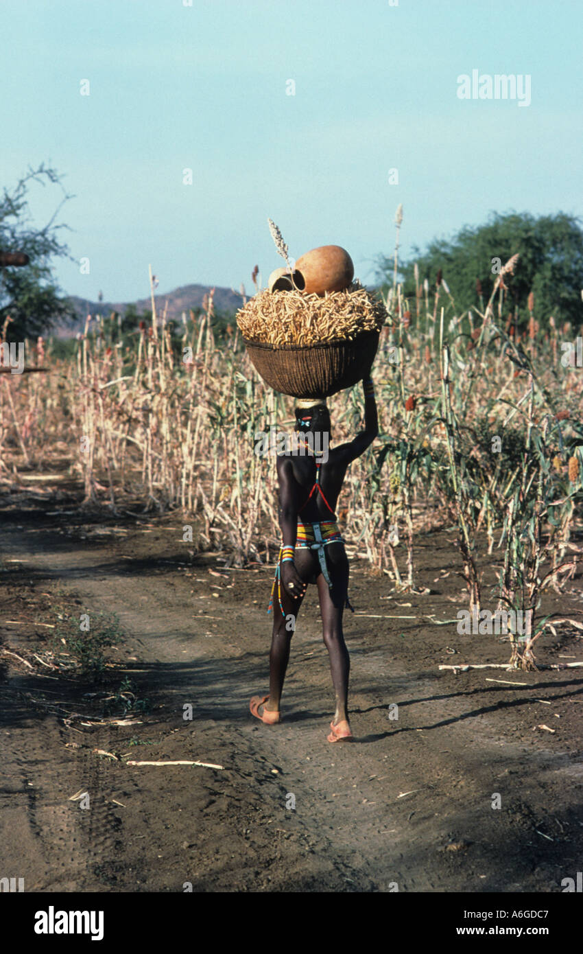 Nuba tribe girl carrying a basket of millet stalks and pots on her head ...