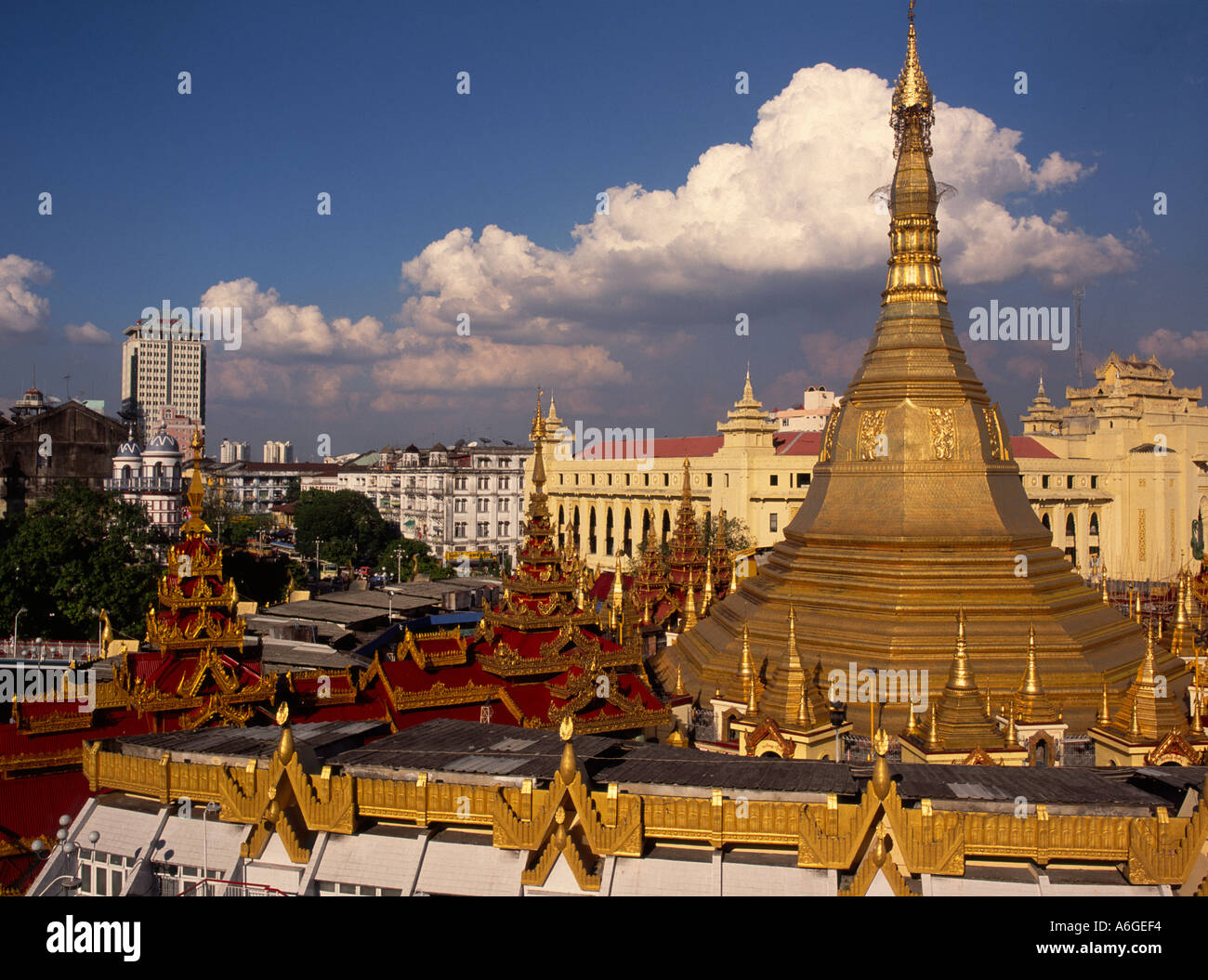 Yangoon city skyline from above with Sule pagoda in frgd city hall and ...