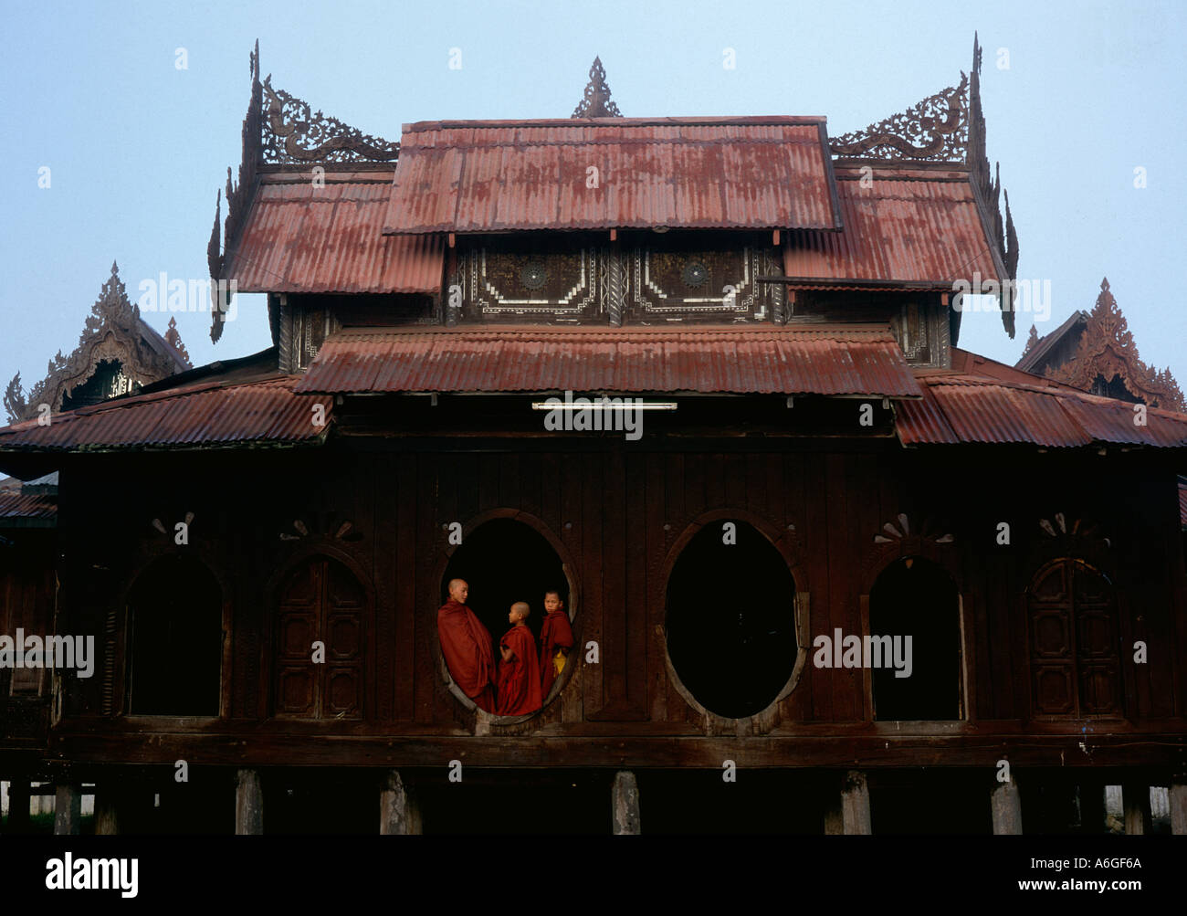 Shan State Inle lake area Shwe Yaunghwe wooden monastery young monks ...