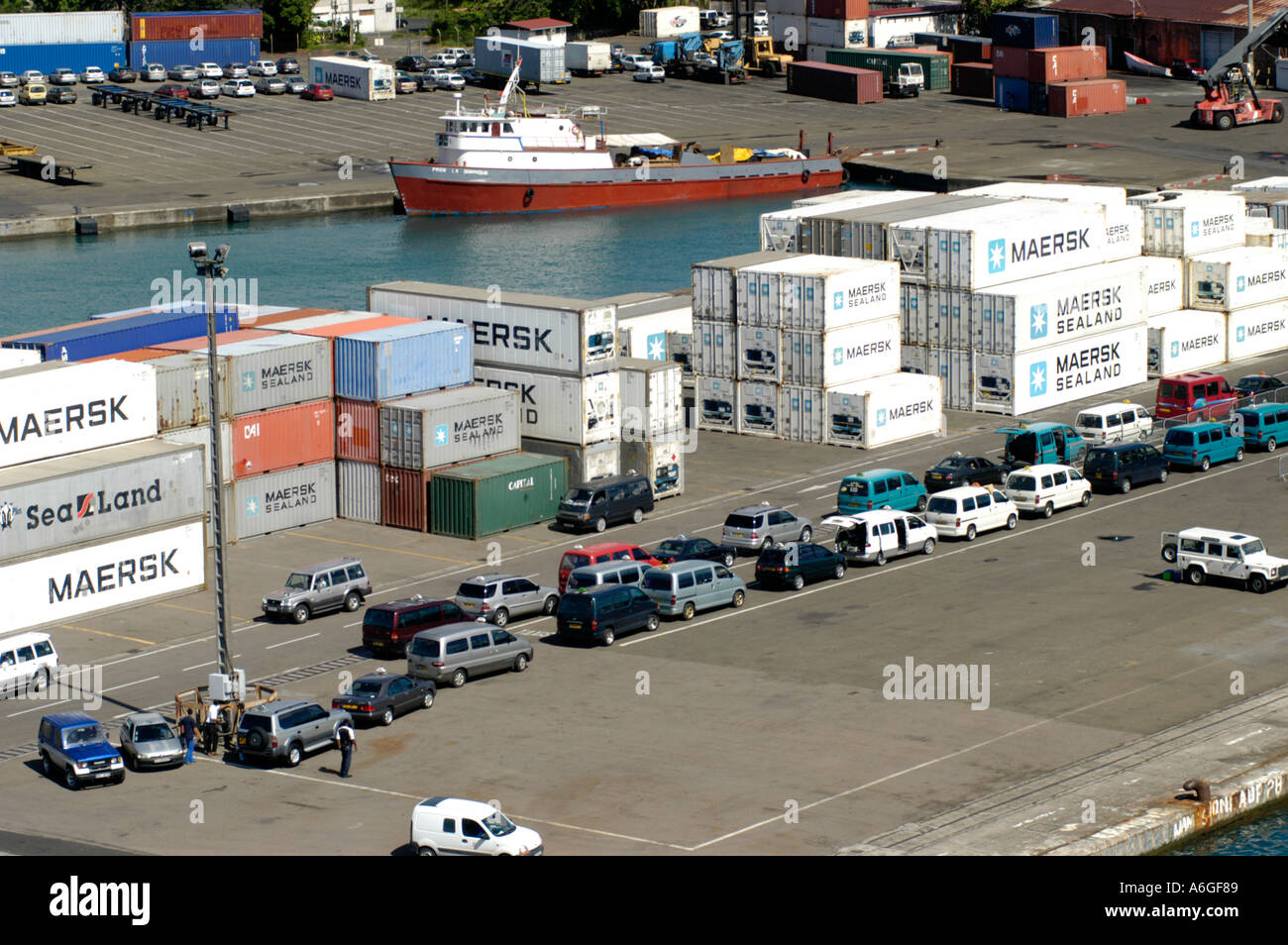 containers in the Port at Barbados with taxi drivers waiting for ...