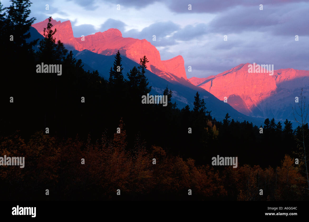 Sunrise on Three Sisters, Alberta Canada Stock Photo - Alamy