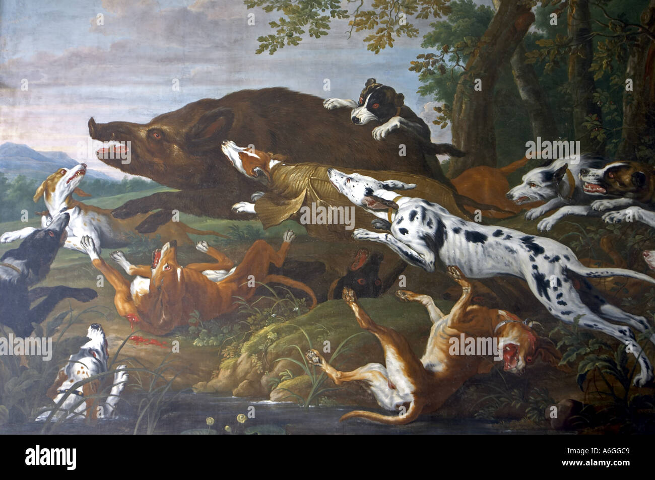 Painting of hunting wild boar Chateau du Bourg St Leonard Normandy ...