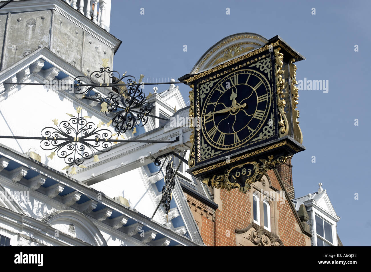 The historic 17th century front of the Guildhall building with the old ...