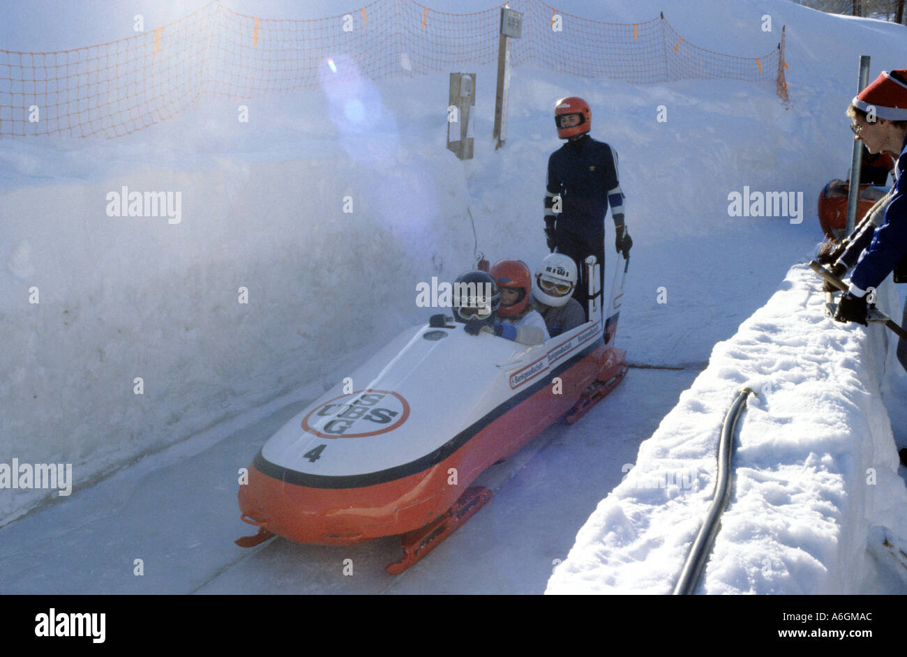 Four man bobsleigh about to start down the Olympic bob run in St Moritz ...