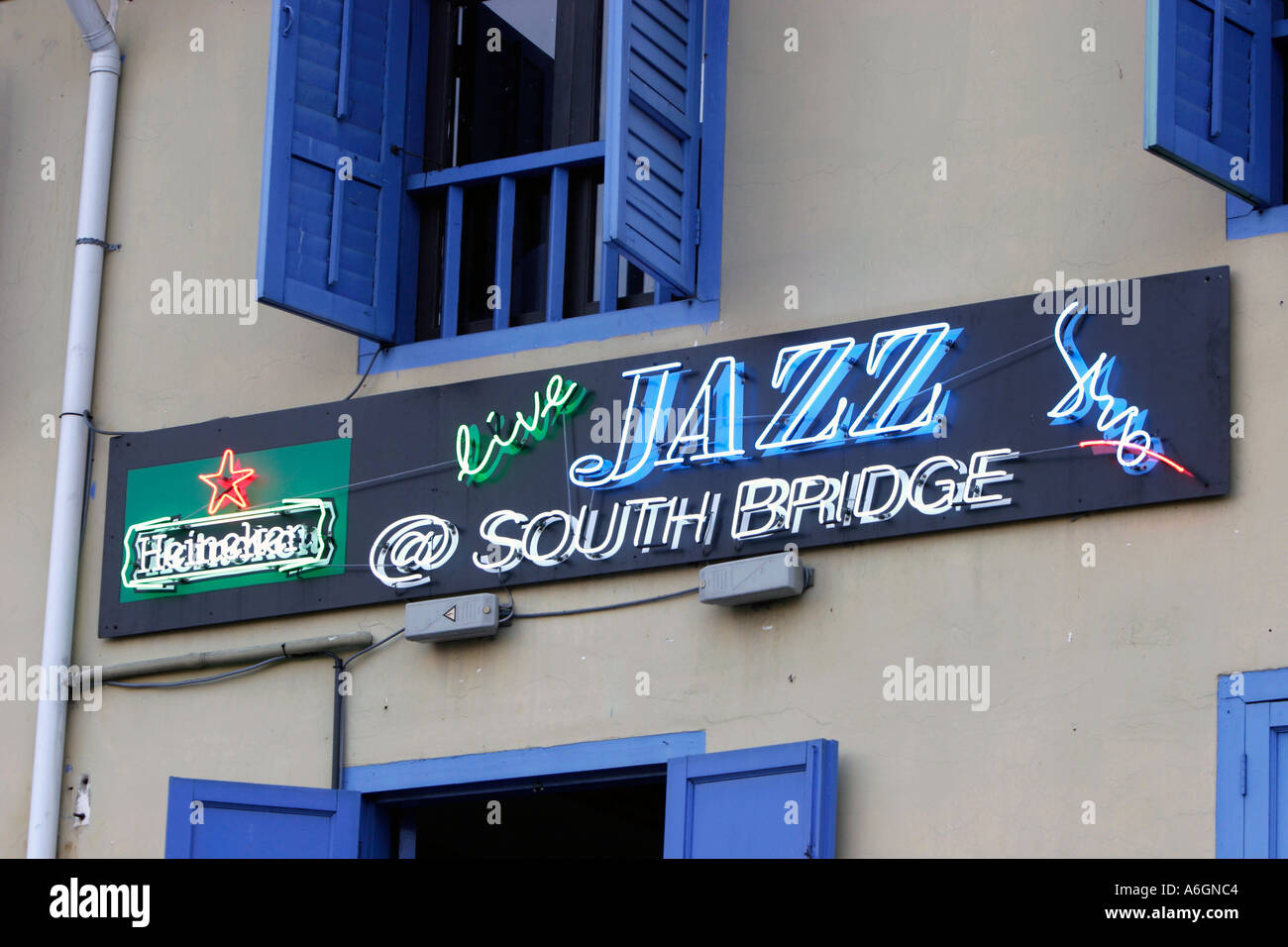 Neon live jazz bar sign Boat Quay pedestrian walk beside Singapore ...