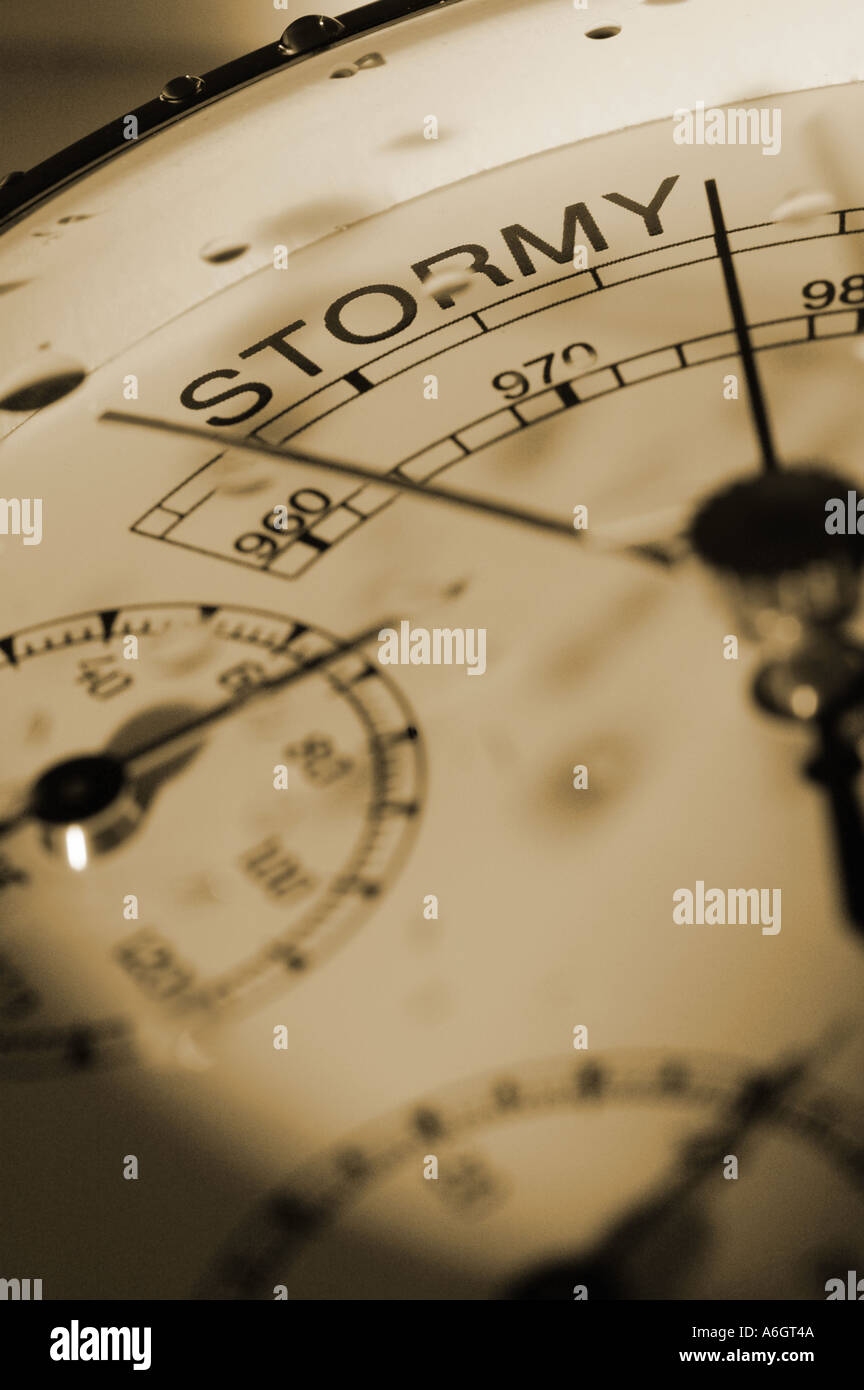 Barometer indicating stormy weather with water droplets on face Stock ...