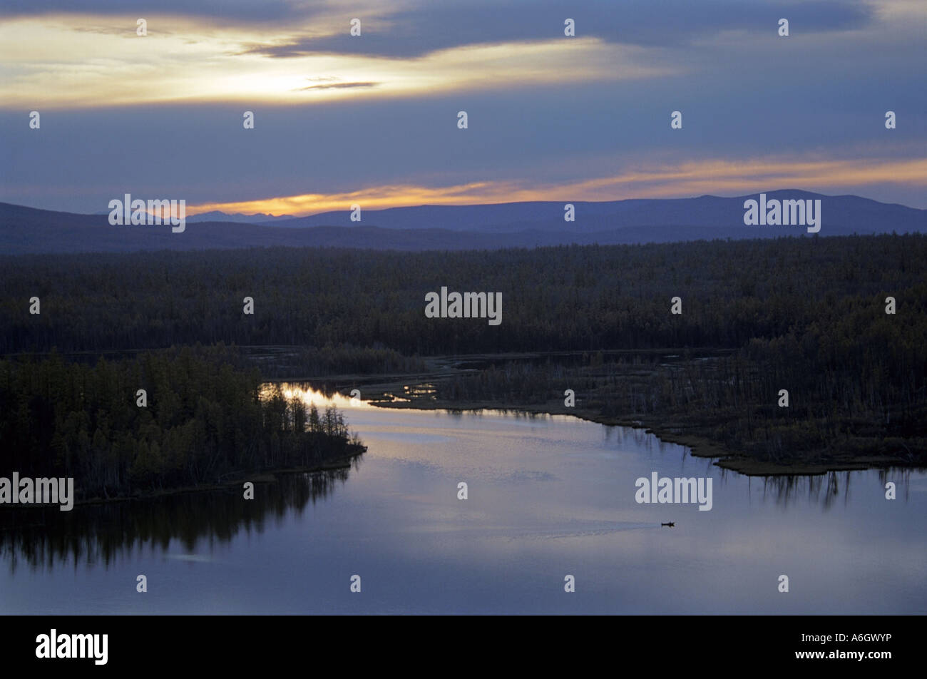 Azas (Toodja) lake at sunset. Todja Kozhuun. The Sayan Mountains. The ...