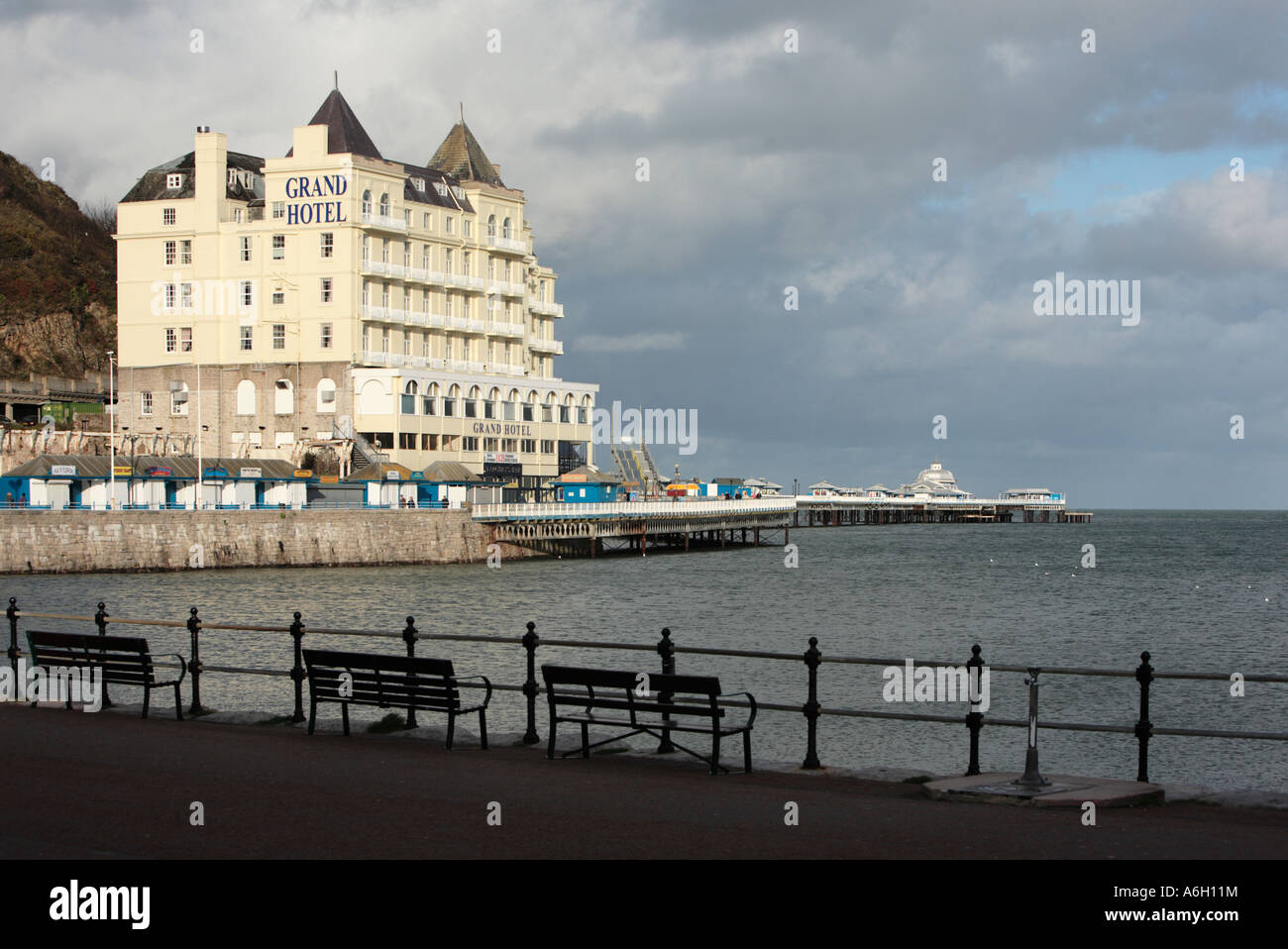 Llandudno sea front with the Grand Hotel and Pier November Stock Photo ...