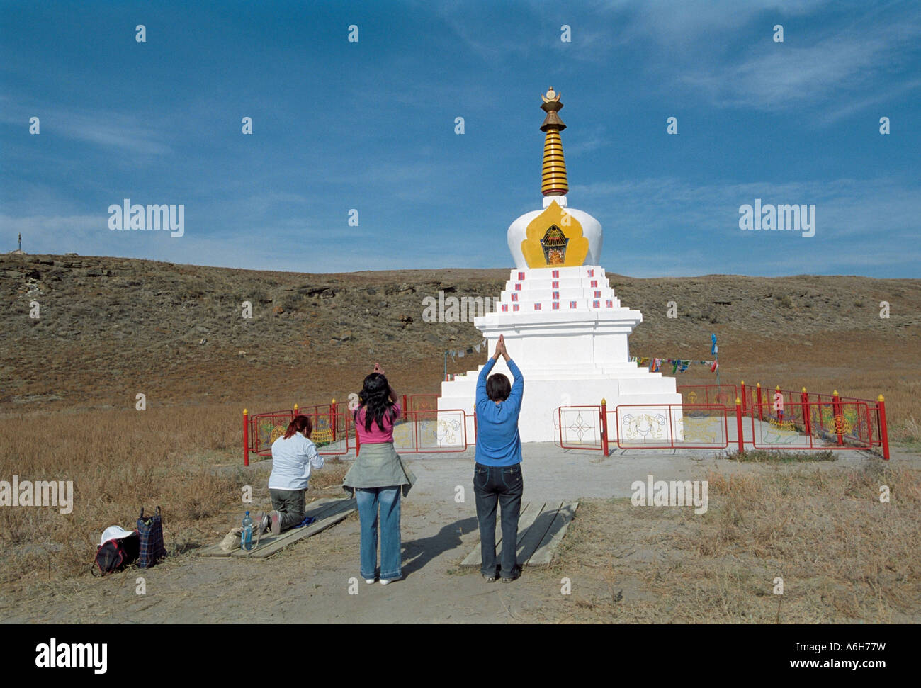 People praying near Buddhist Stupa. Kyzyl city. The Tyva (Tuva ...