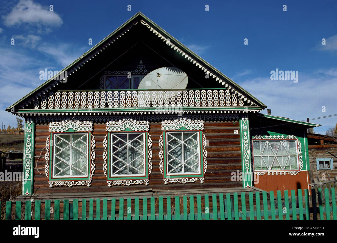 Wooden peasant house. Toora-Khem village. The Tyva (Tuva) Republic ...