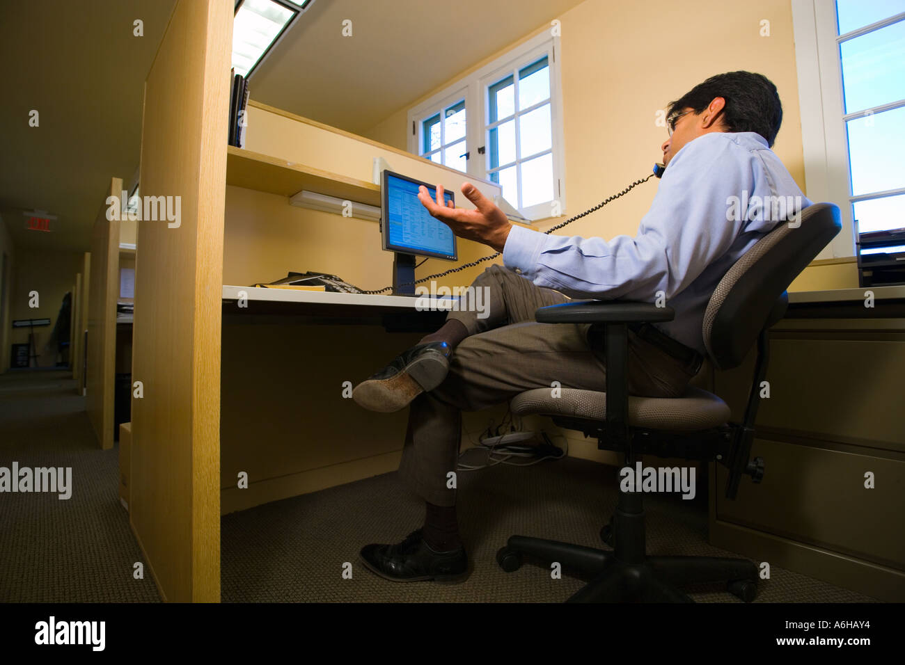 east indian office worker talking on phone in office cubicle desktop ...