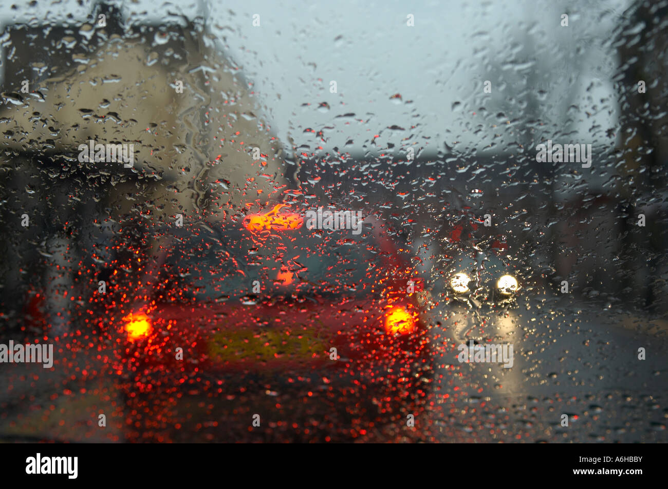 View through car windscreen in traffic jam on rainy day Stock Photo - Alamy