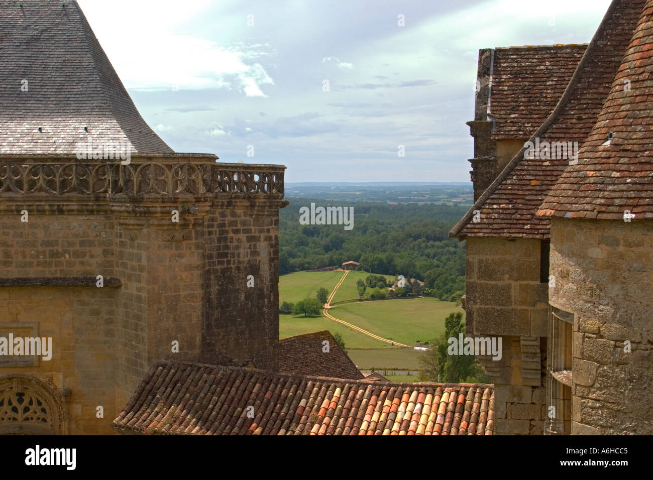 Chateau roofs and turrets, elevated view with french countryside in ...
