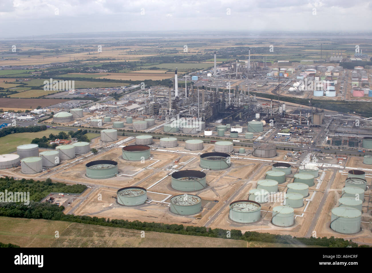 High level oblique aerial view of Conoco oil refinery Stock Photo - Alamy