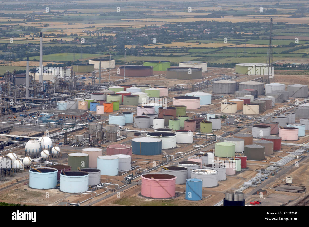 High level oblique aerial view of Conoco oil refinery Stock Photo - Alamy