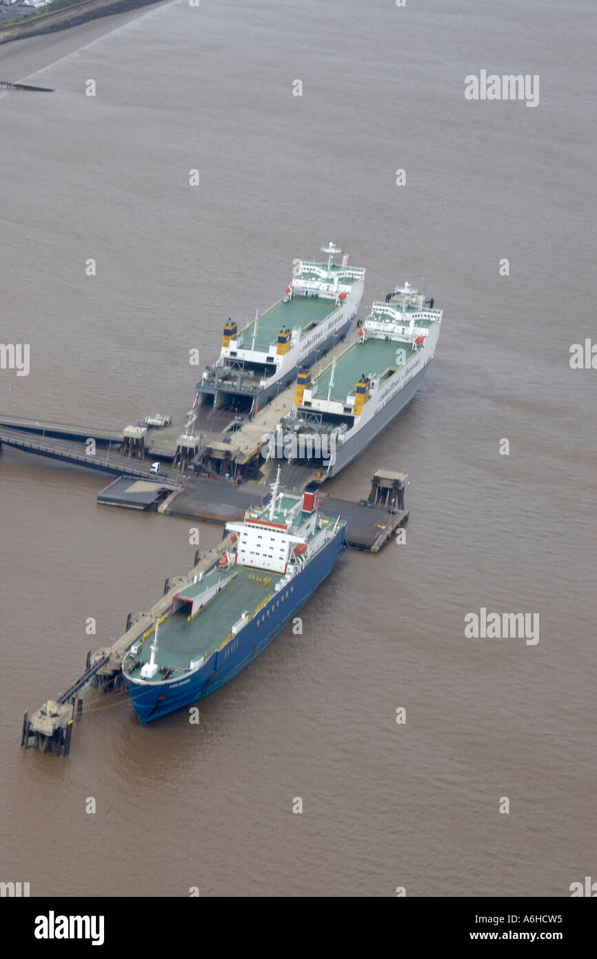 High level oblique aerial view of Immingham dock piers with ferries on ...