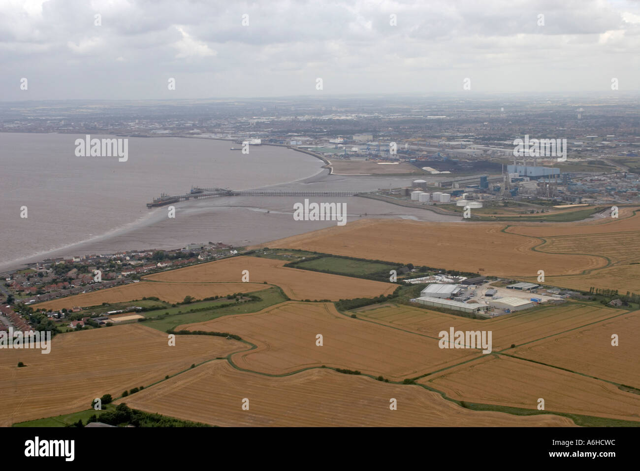 High level oblique aerial view of Salt End jetties and Paull on River ...