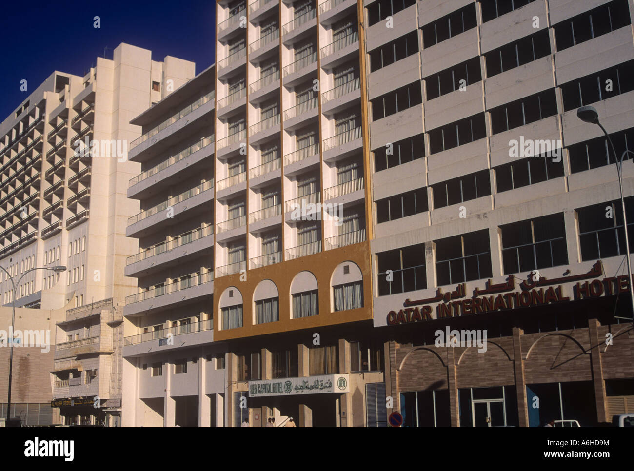 Buildings in the commercial area of Doha capital of Qatar, 1995 Stock ...