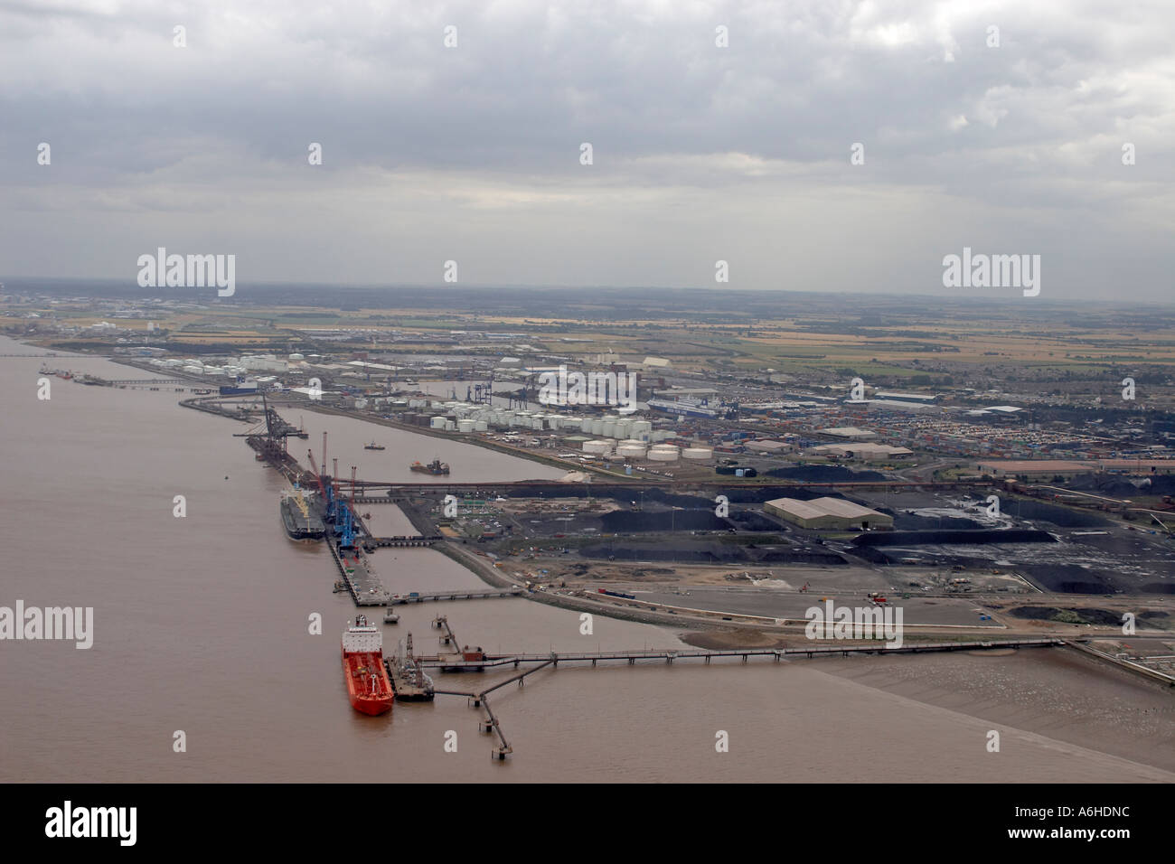 High level oblique aerial view of Humber estuary England UK Stock Photo ...