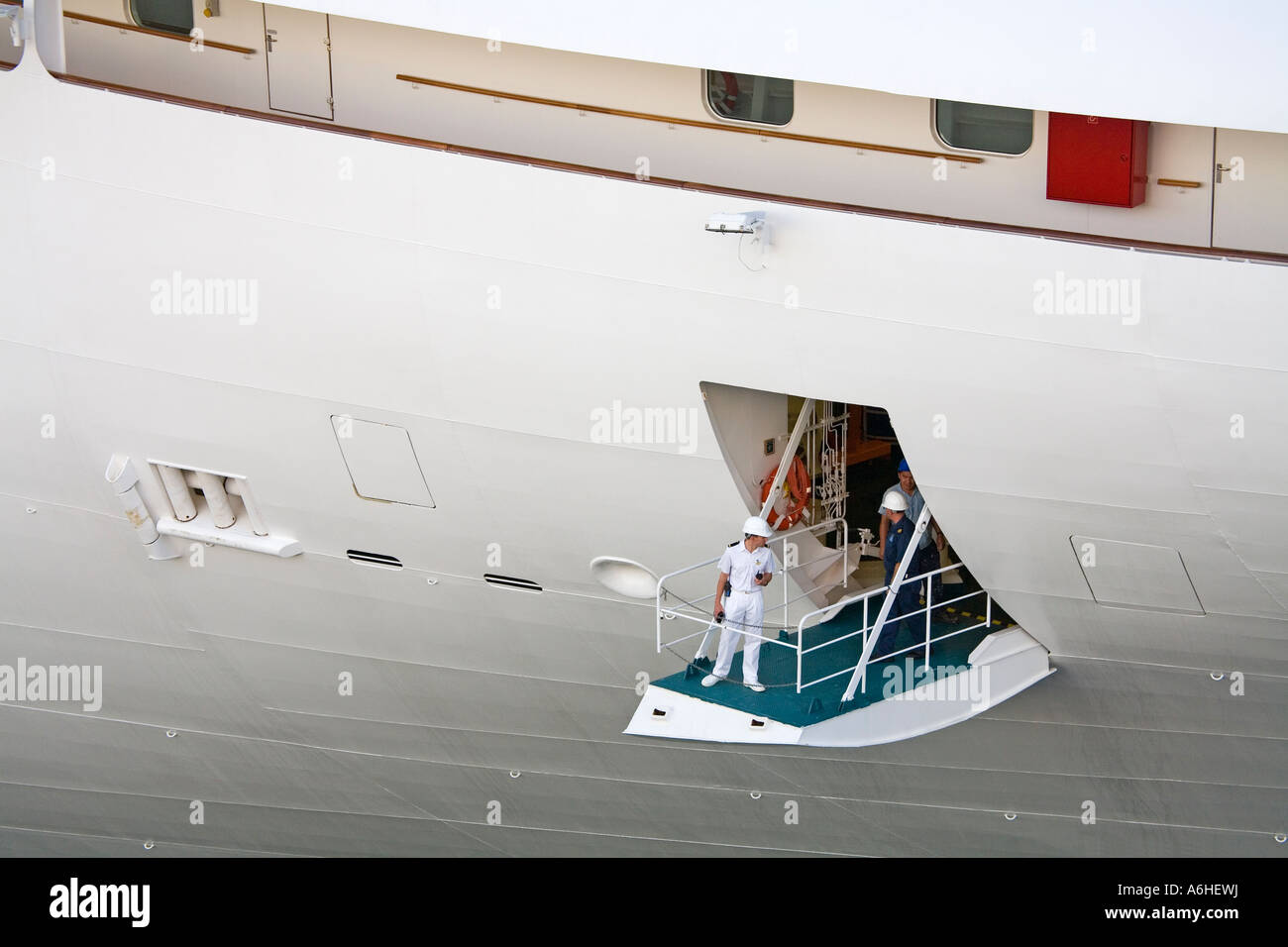 Crew in bow of cruise ship Port Everglades Fort Lauderdale Florida USA ...