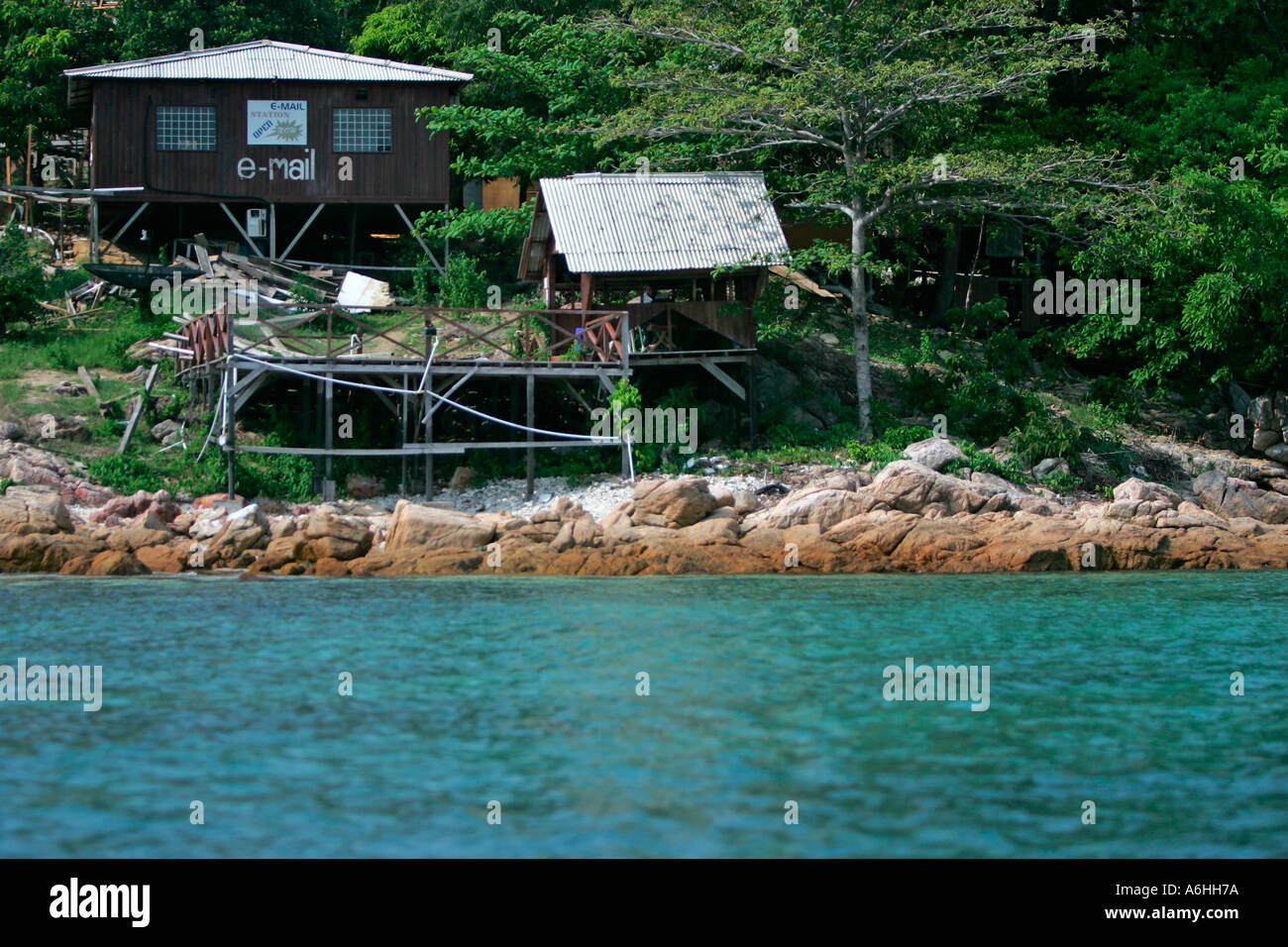 Island email station on stilts Perhentian Besar Malaysia Stock Photo ...