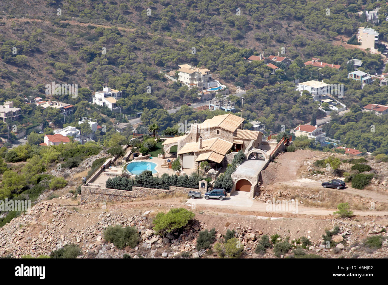 Luxury villa on mountain above Saronida with sea behind Attiki or ...