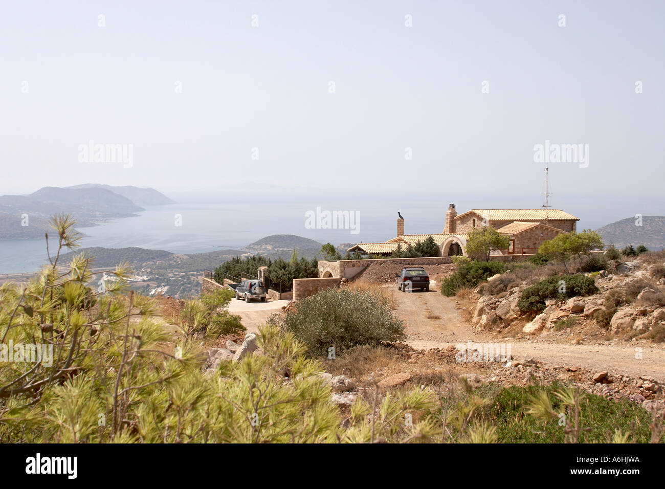 Luxury villa on mountain above Saronida with sea behind Attiki or ...