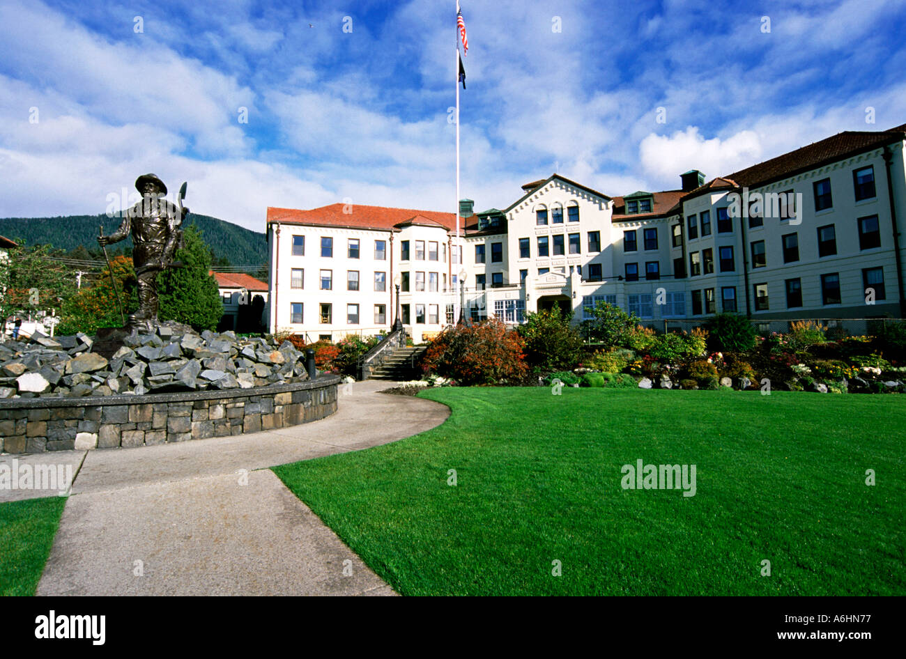 The Prospector statue and Alaska Pioneers Home.Sitka.Alaska.USA Stock ...
