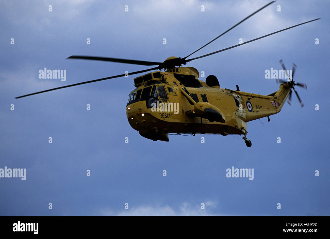 Air sea rescue helicopter over the north sea, Bawdsey, Suffolk, UK ...