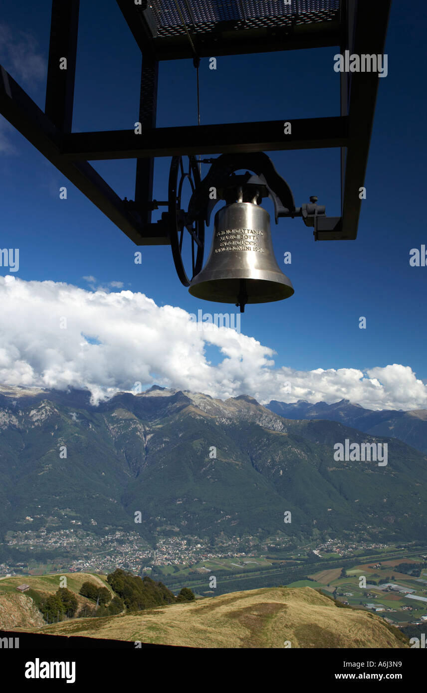 View from the window of a modern church in the Tessin with the bell ...