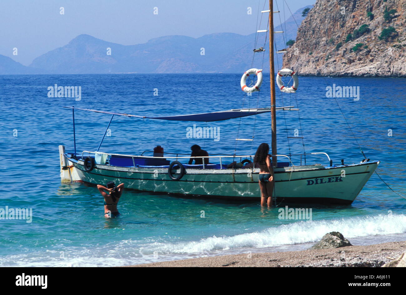 Small Boat Anchored on Pristine Beach Stock Photo - Alamy