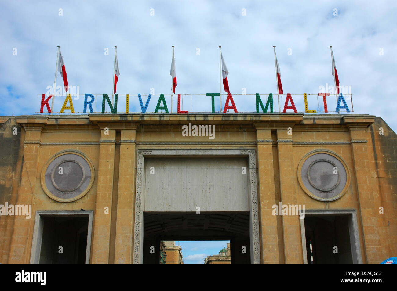 Entrance to Valletta City Malta with Carnival Sign Stock Photo - Alamy