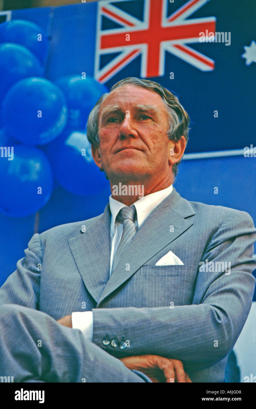 Former Prime Minister of Australia Malcolm Fraser (1975-1983) photographed at a political rally ...