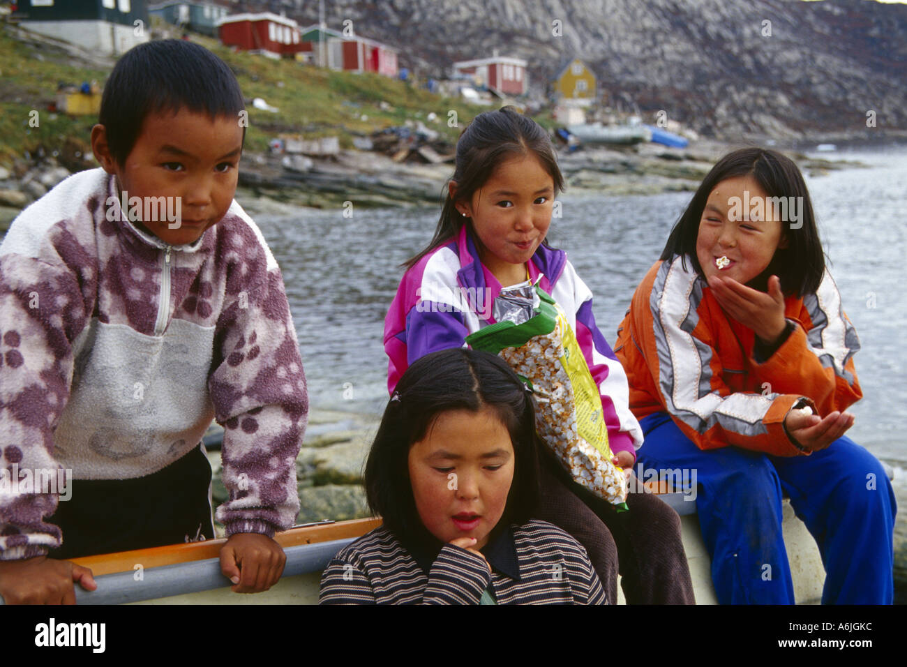 Inuit children at the beach, Denmark, Greenland, Kitaa, Disko Bucht ...