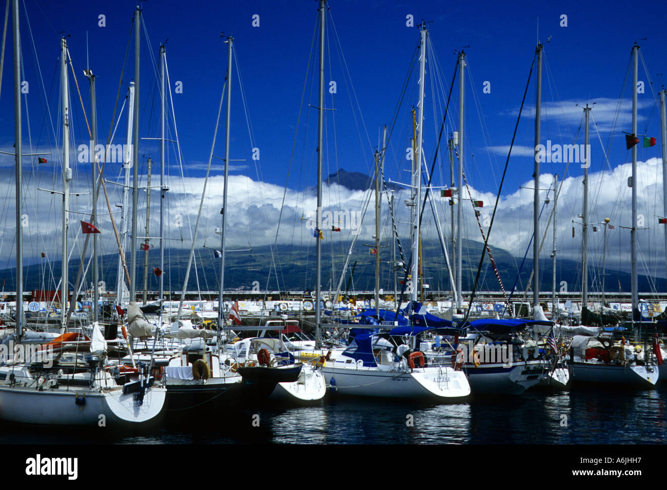 yacht harbour in front of Pico, Portugal, Azores, Horta Azoren Stock ...