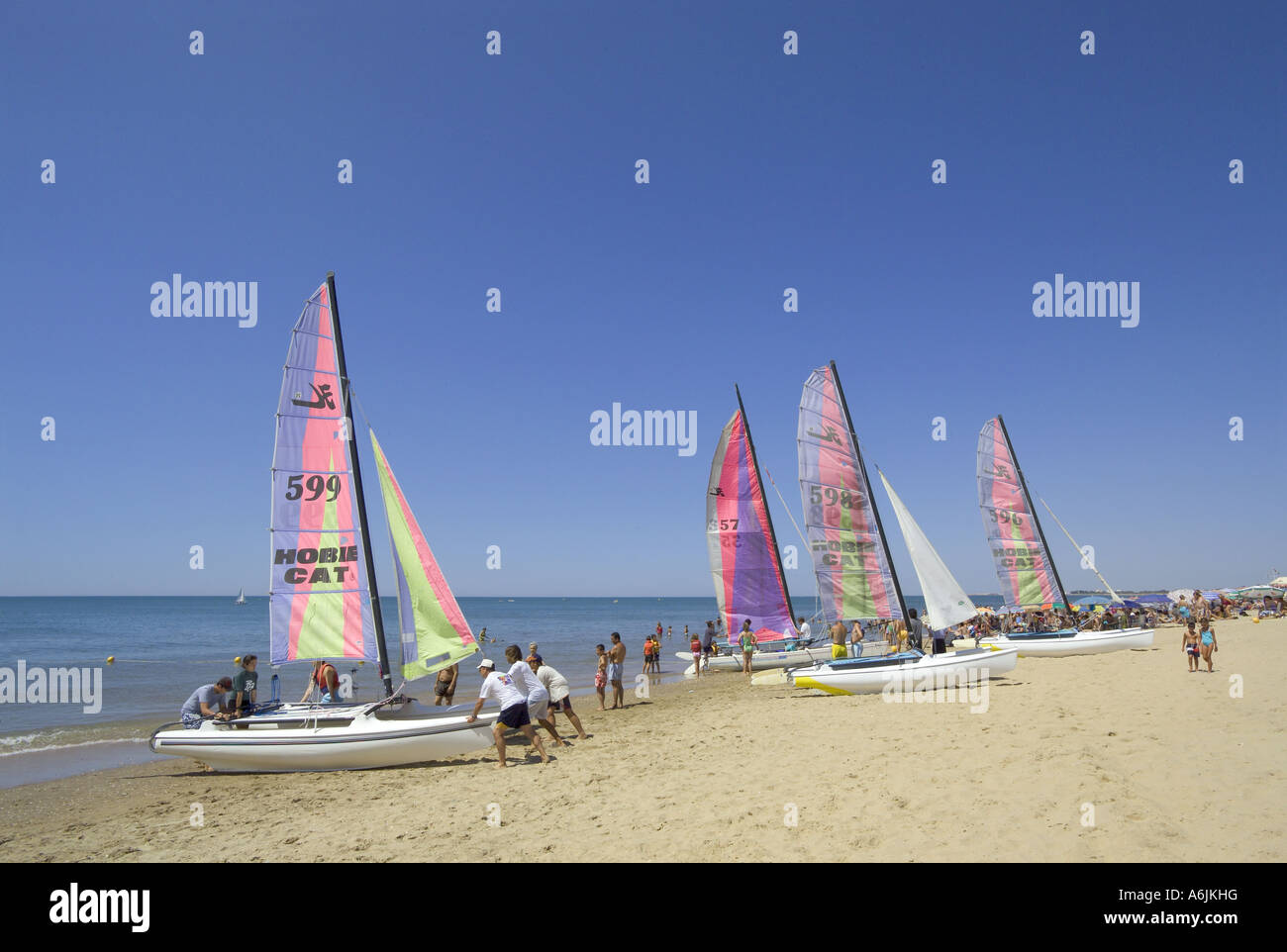 Spain, costa de la Luz , Islantilla beach with watersports Stock Photo ...
