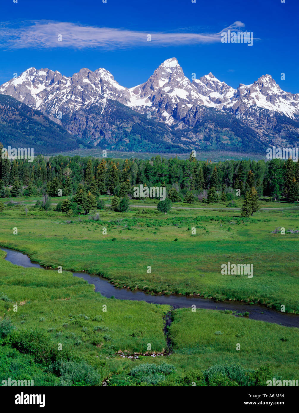 Grand Teton National Park Wy Teton Range Above A Stream And Grassy